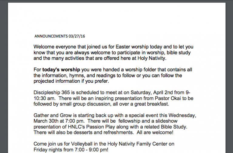 Announcement Request - Holy Nativity Lutheran Church